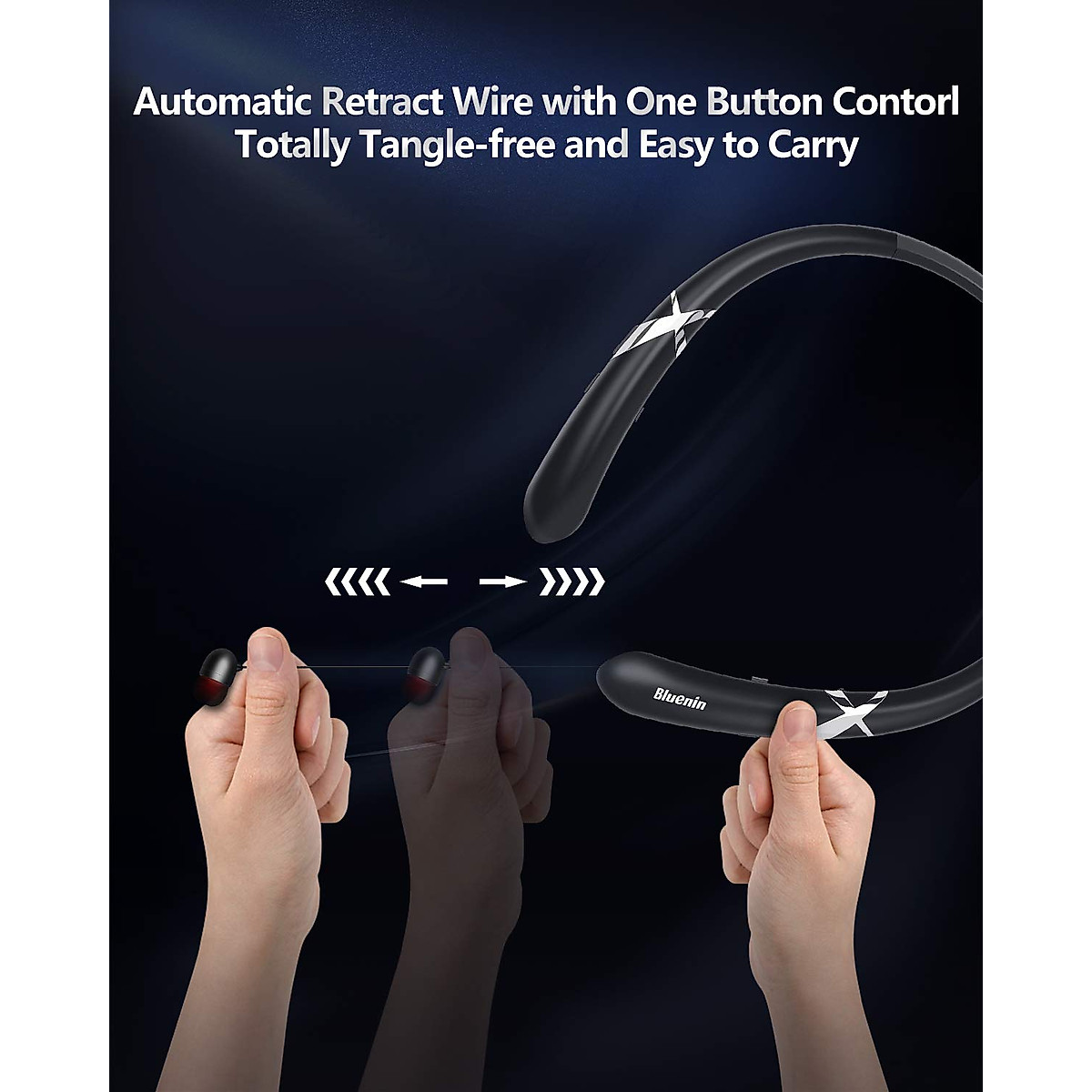 Bluenin Bluetooth Headphones, Bluetooth Neckband Wireless Headphones Bluetooth 5.0 Retractable Earbuds Stereo Headset CVC 8.0 Noise Cancelling Call Vibrate Alert Earphones with Mic (Black)