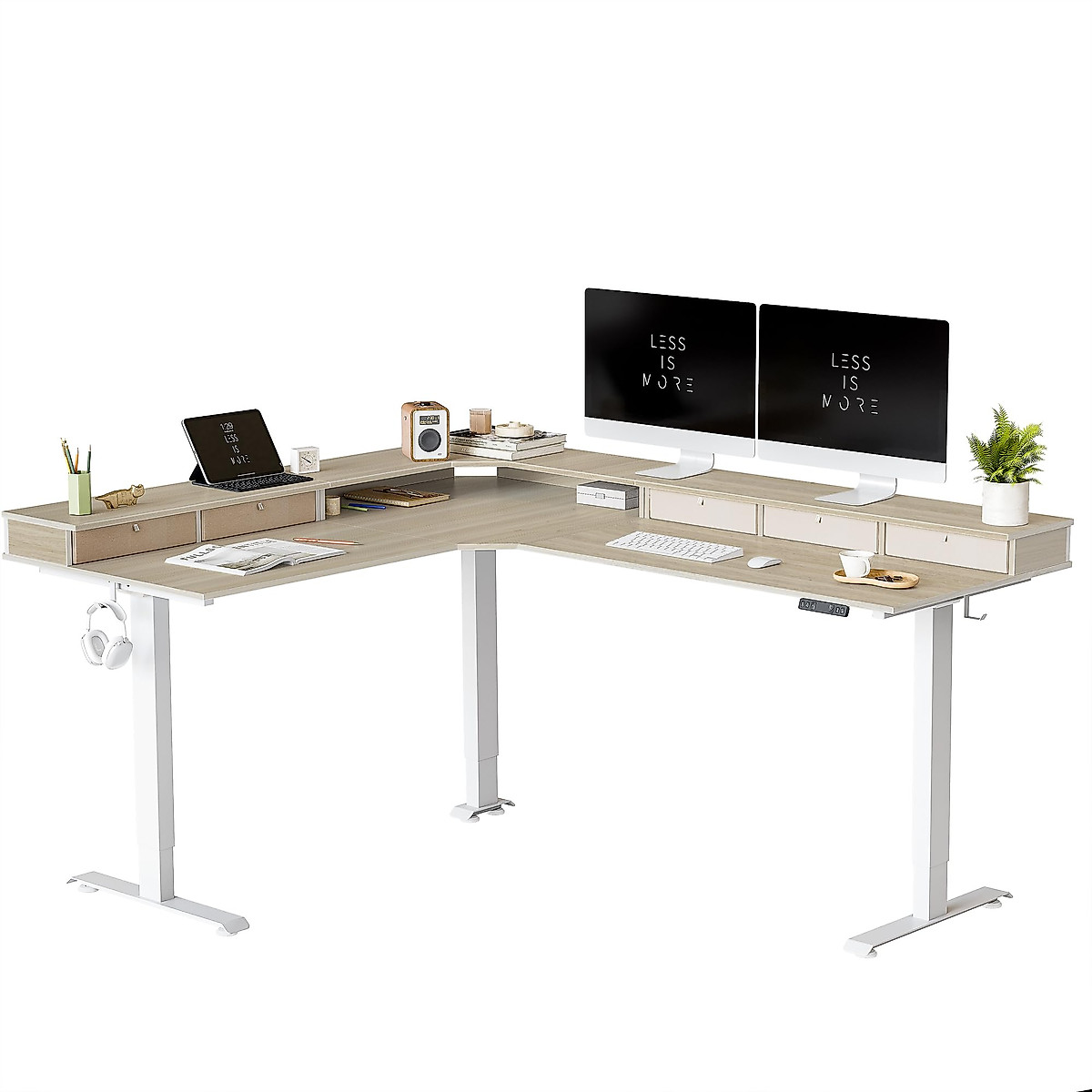 FEZIBO Triple Motor 75" L Shaped Standing Desk with 5 Drawers, Reversible Electric Standing Gaming Desk Adjustable Height, Corner Stand up Desk with Splice Board, White Frame/Light Walnut Top