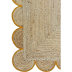 THE PIKKU INTERNATIONAL - Handmade Jute Rug Beige with Scallop Yellow Border Rectangle Hand Woven Farmhouse Jute Area Rug (7 x 11 ft)