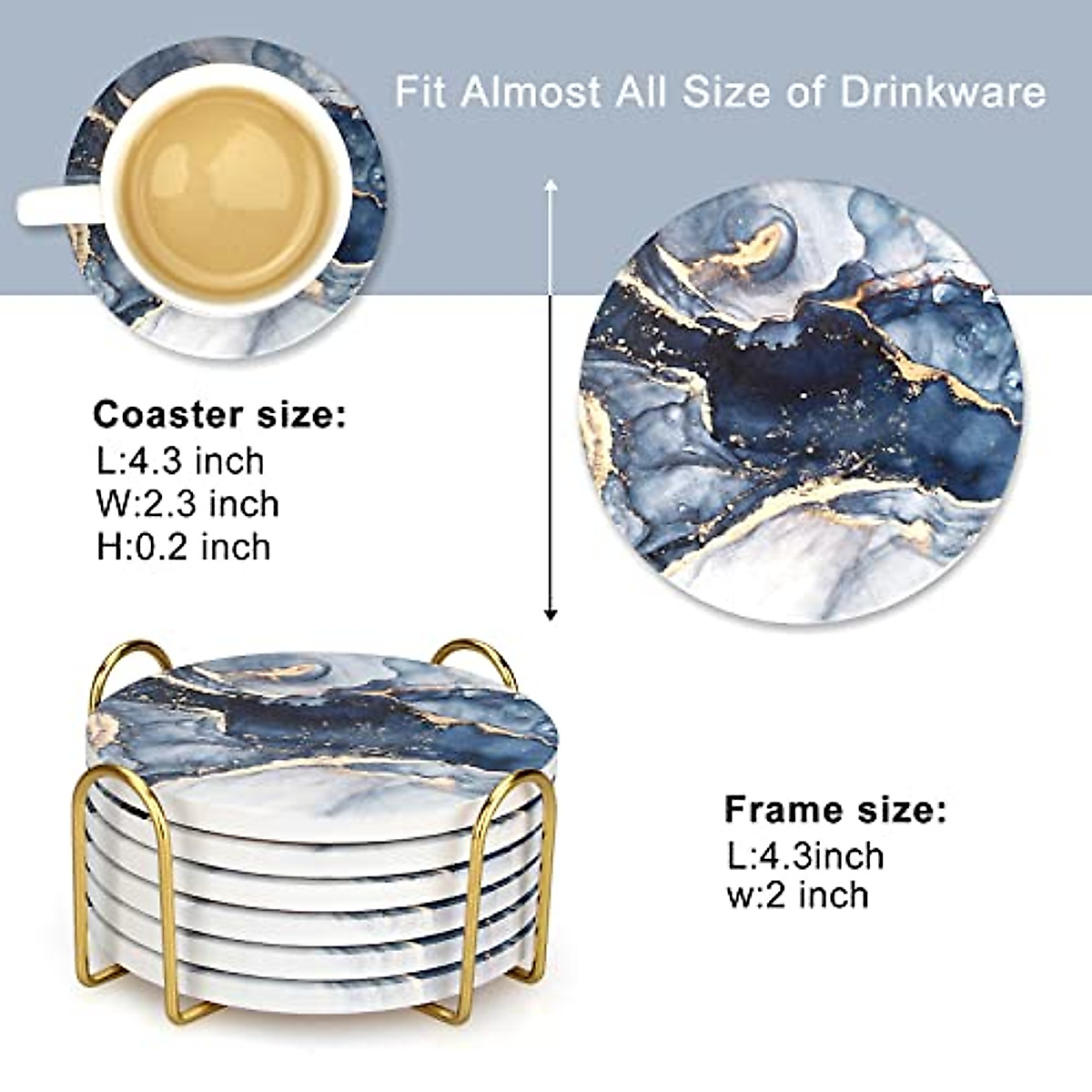 6 Pcs Abstract Blue Marble Ceramic Coasters with Holder Best Absorbent Drink Coasters Round Ceramic Table Coasters Set Decorative Coffee Cup Beverage Coasters Wine Beer Bar Coasters