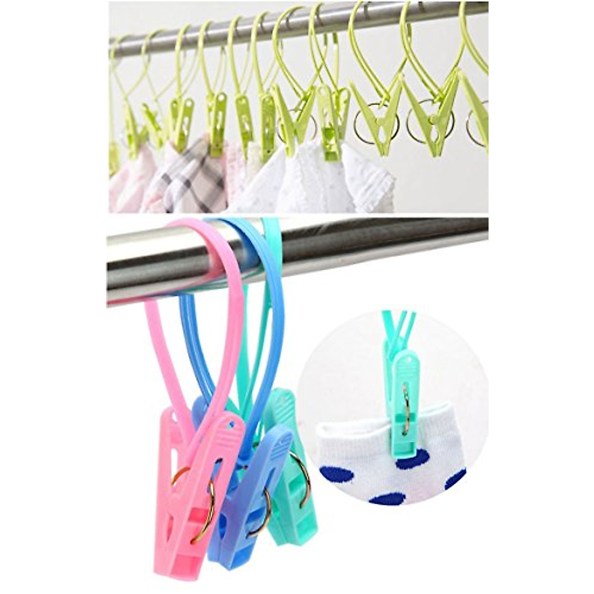 JCBIZ 24Pcs Clothes Peg Clip Pins,Multicolor Rope Clip Hanging Clothes line Windproof Hanger Sock Clothes Drying Peg PP Plastic Clips Hooks