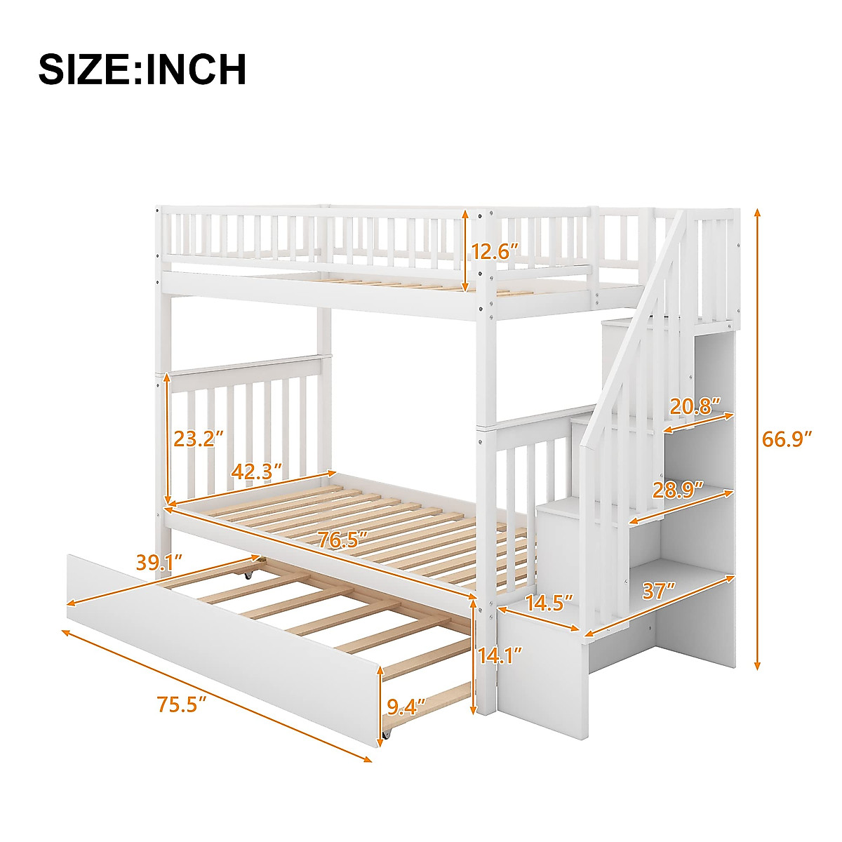 Harper & Bright Designs Bunk Beds Twin Over Twin Size, Solid Wood Bunk Beds with Trundle and Stairs for Kids,Teens,Adults (White, Bunk Bed with Trundle)