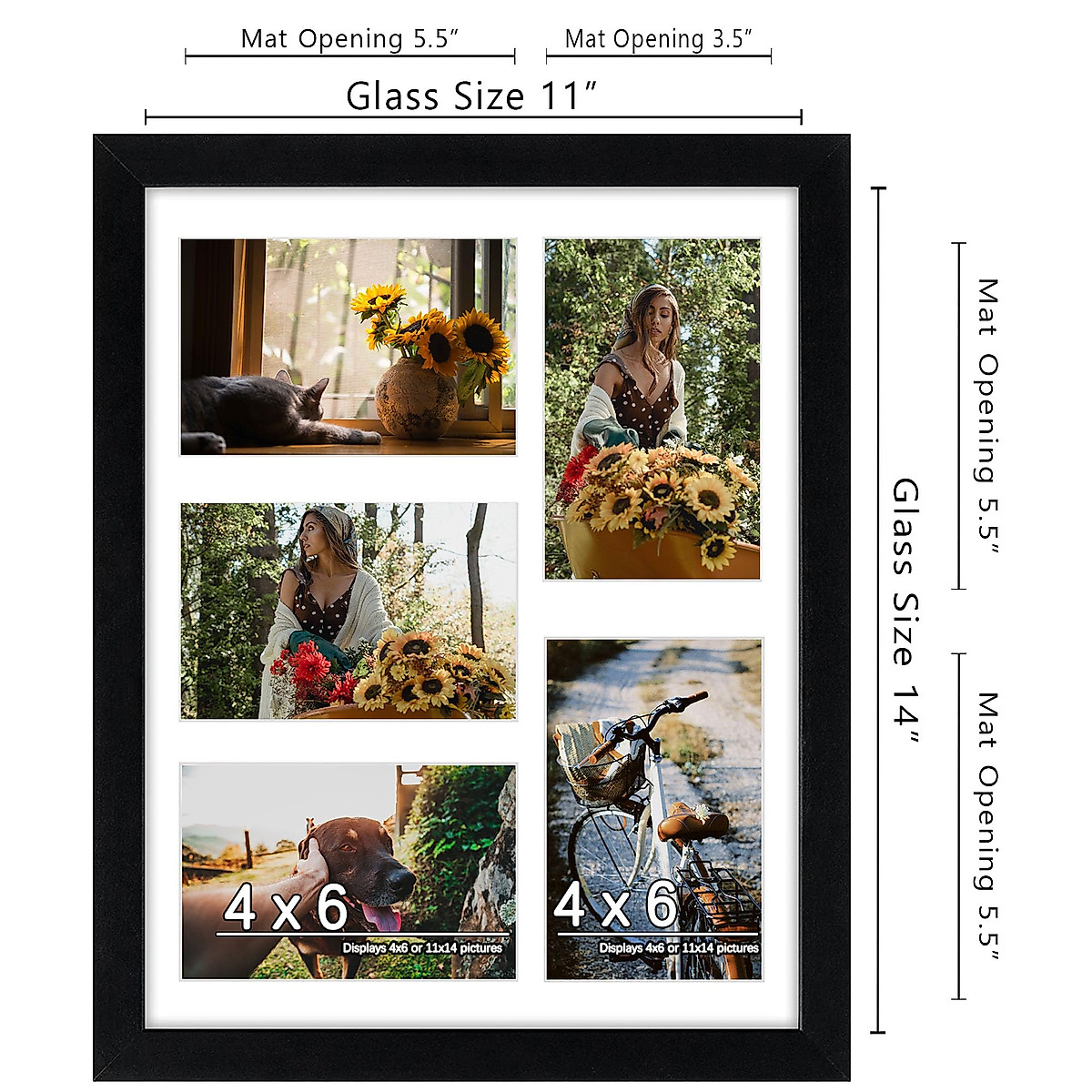 DUENPY 11x14 Collage Picture Frame, 4x6 Collage Picture Frame，Displays Five 4x6 inch Photos, or 11x14 (Without Mat) Available for Horizontal and Vertical Display，Black.