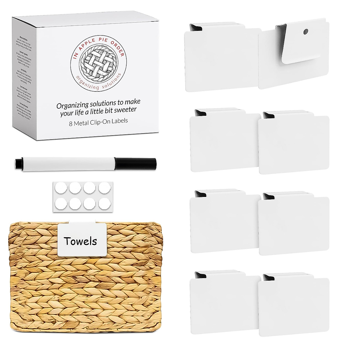Labels for Storage Bins | Metal Storage Bin Labels (2.5” x 3.5”) - Set of 8 Basket Clip On Labels for Storage Bins w/Non-Slip Grip Pads & Dry Erase Marker - Removable Bin Labels for Storage Bins