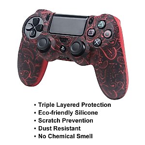 Silicone Controller Covers Compatible with PS4 Controller - 2 Pack of Anti-Slip Protector Controller Skin Case- with 4 Pairs Thumb Grips - Red & Blue