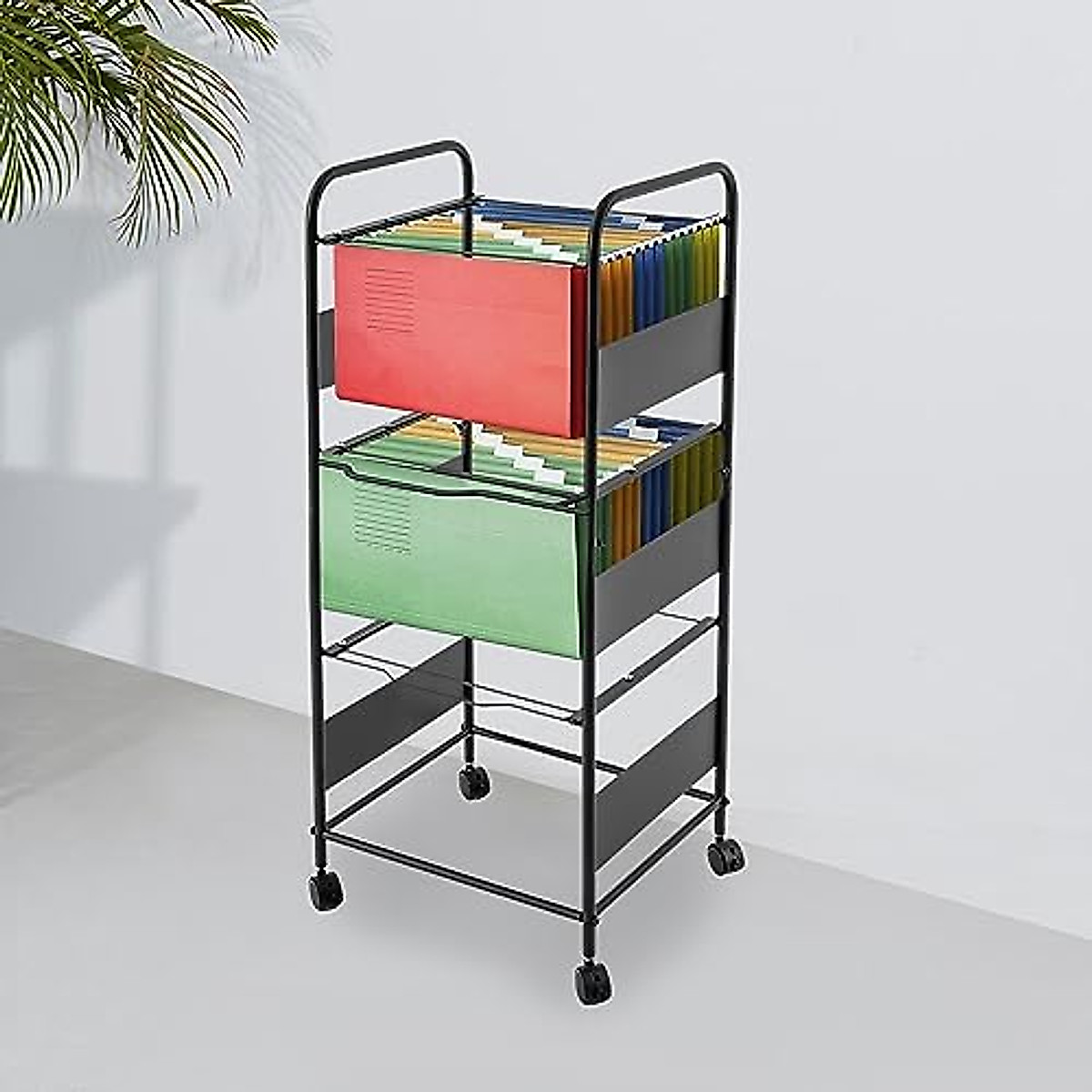 LOHISHILO 3 Tiers Metal Rolling File Carts with Wheels Hanging Files for Letter Size Movable Pull-Out File Folder Rack Drawer File Cabinet for Home, Office, Classrooms, Study Rooms