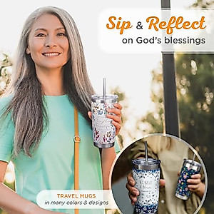 Christian Art Gifts Large Travel Tumbler for Women Stainless Steel Vacuum Insulated Inspirational Scripture: Everything Beautiful, Lid, Straw, White & Pink Floral, 18 oz.