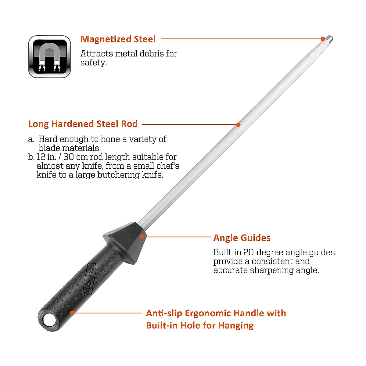 Sharpeak (a brand of SHARPAL) 108S 17.5-Inch/Rod L. 12-Inch Sharpening Steel Knife Sharpener Rod with Built-in Angle Guides Kitchen Knives Honer Knife Steel Sharpening Rod Chaira Para Cuchillos HRC 65