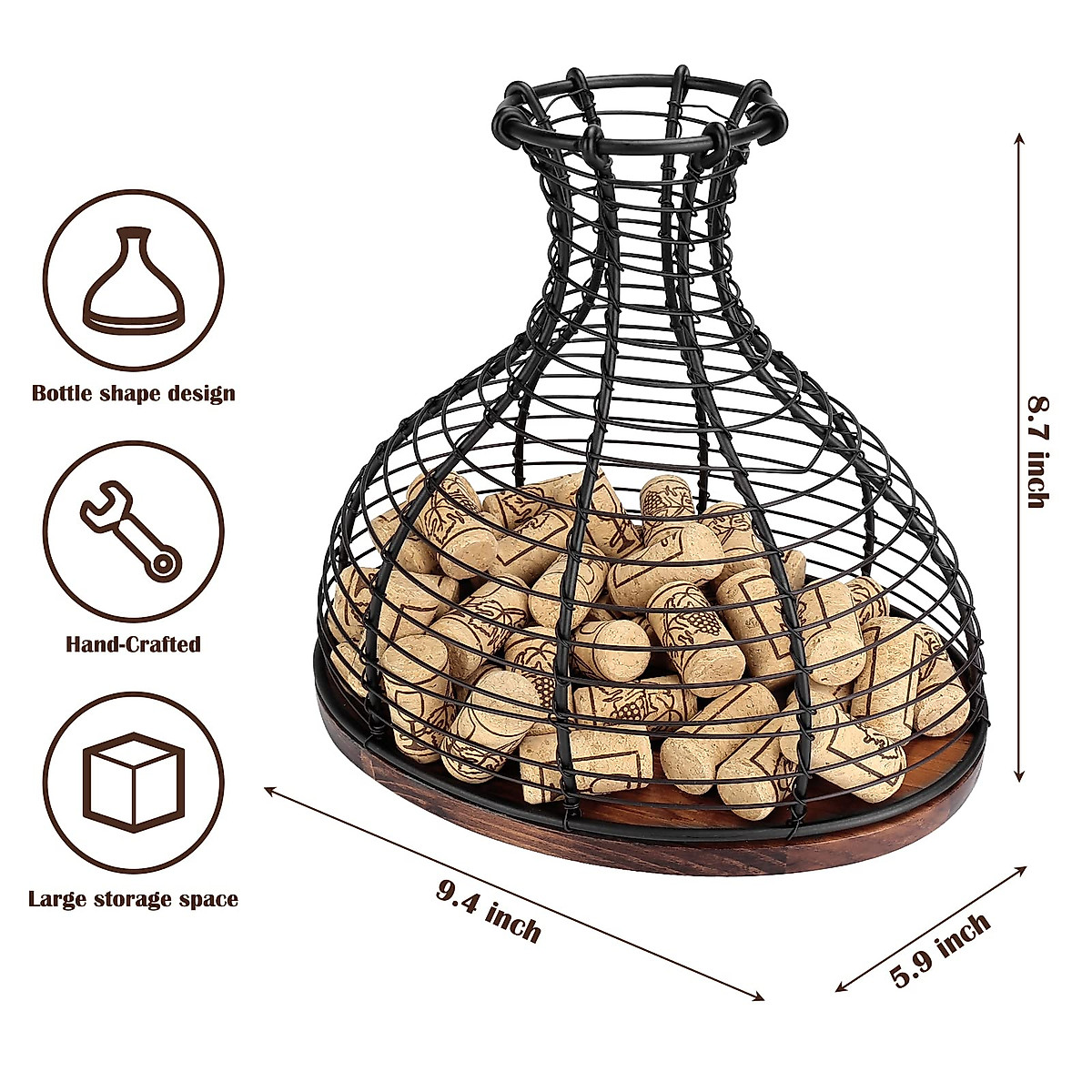 IEBIYO Wine Cork Container Wine Stopper Holder Black Wine Cork Storage with Wooden Bottom Cork Collector Cage Wine Lover Gift Kitchen Decor (Bronze Black)
