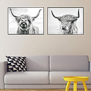 2 Pieces Highland Cow Canvas Wall Art Black and White Poster Art Decor Painting Home Decor for Living Room Office Bedroom(Unframed,16x20 inches)