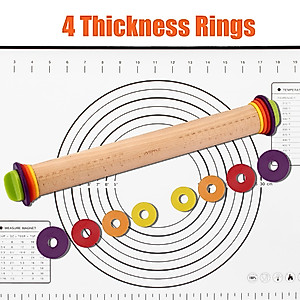 Mepple Rolling Pin with Thickness Rings for Fondant, Pizza, Pie Crust, Cookie, Pastry, Roller Rod for Dough Thickness, Adjustable Rolling Pin for Baking, Wood Rolling Pin 13.6" with 4 Thickness Rings