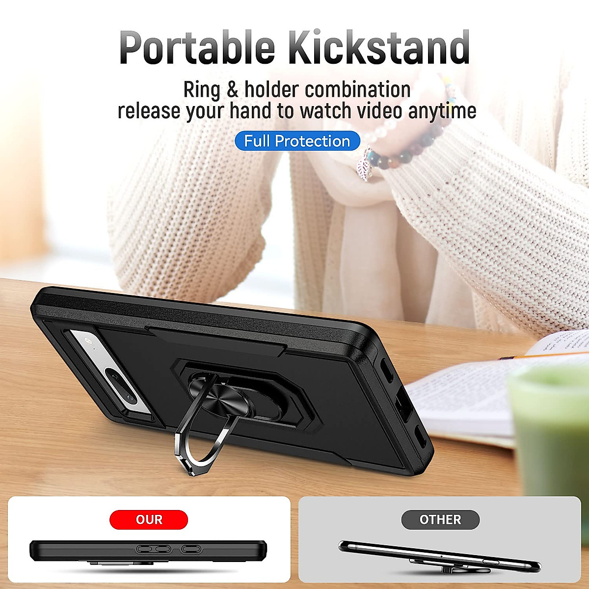 Niecase for Google Pixel 7A 5G Case with 2 Screen Protector, Military Grade Dual Layer Heavy Duty Shockproof Full Body Protective Phone Cover, Built in Rotatable Magnetic Ring Holder for 7A (Black)