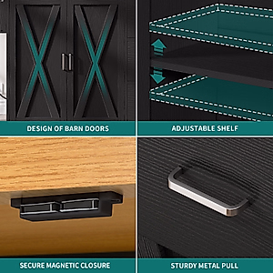 YITAHOME Bakers Rack with Power Outlet and LED Light, 53 Inch Microwave Stand with Storage Cabinet Thickened Counter, Farmhouse Coffee Bar Cabinet on Wheels Tall Shelf for Spices, Cups, Pots, Black