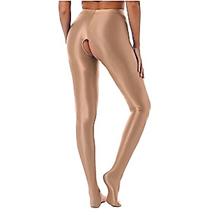 Lejafay Women Shiny Oil Pantyhose Footed Silk Stockings Ultra Shimmery High Waist Translucent Tights Coffee X-Large