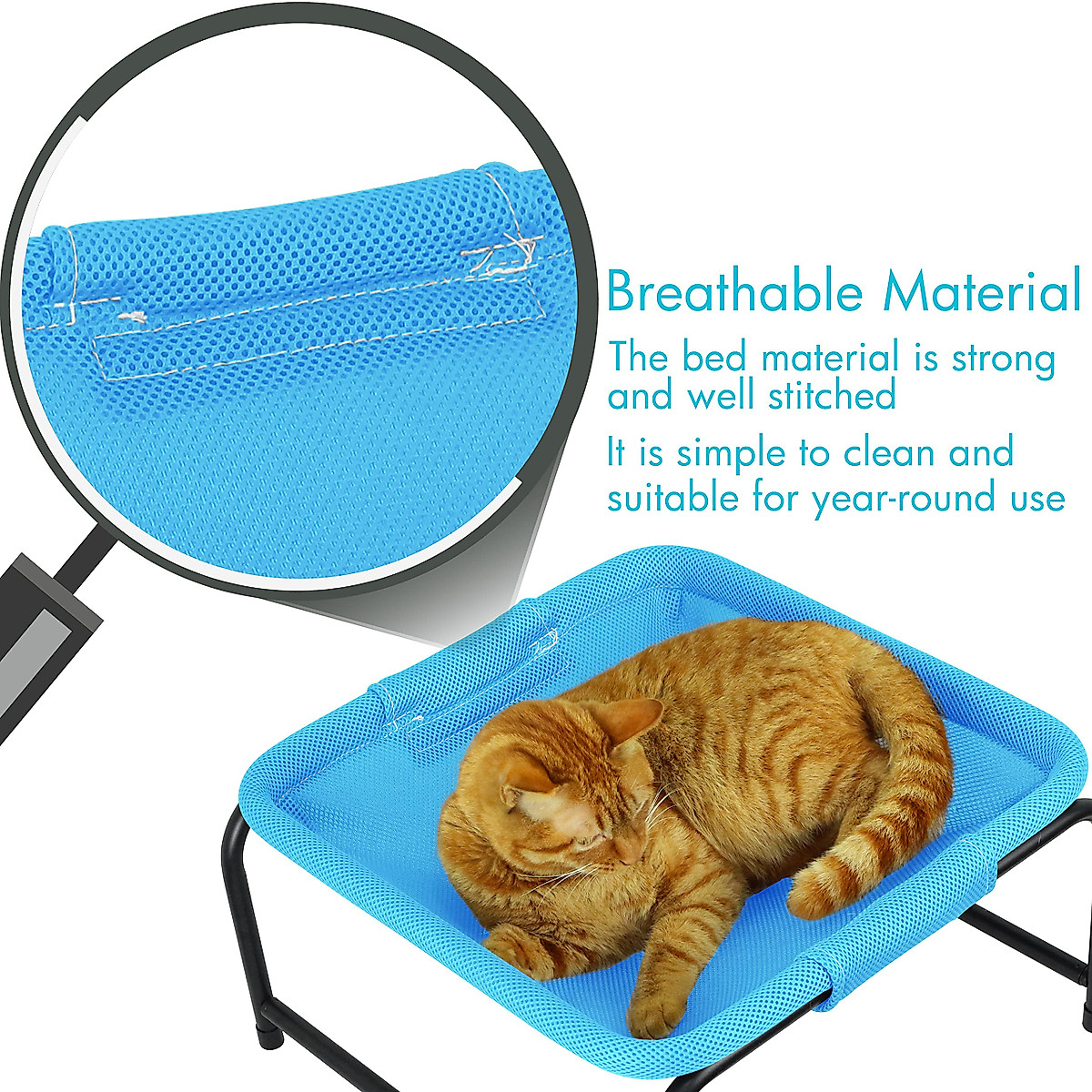 PHYEX Cat Bed Elevated Pet Hammock for Kitty Cat Small Dog, Easy Assembly Raised Cat Cot for Indoors & Outdoors, Square Blue