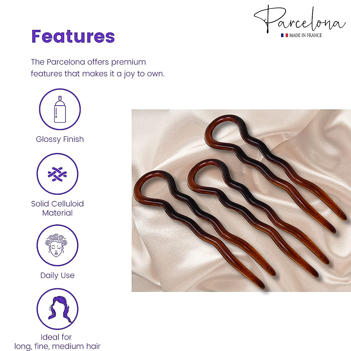Parcelona French Sleek Brown Tortoise Shell Large 3 1/2" Celluloid Made in France Set of 3 Wavy Crink U Shaped Chignon Hair Pins Updo Bun Pin Sticks for Women and Girls