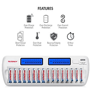 Tenergy TN438 16 Bay Battery Charger for AAA and AA Rechargeable Batteries, AA/AAA NiMH/NiCd Rechargeable Batteries Charger with AC Wall Adapter and Car Adapter