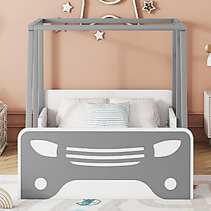 Ball & Cast Car Bed with Roof Frame & Wheels,Twin Size Wooden Montessori Floor Bed W/Door,Platform Bed for Boys Girls Toddlers,Grey