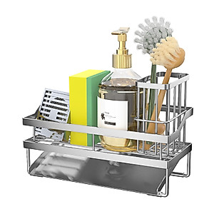 Youfala Kitchen Sink Caddy Sponge Holder for Kitchen Sink, Kitchen Sink Organzier and Storage with High Brush Holder, Rustproof 304 Stainless Kitchen Gadgets Dish Sponge Organizer (Lacquer Silver)