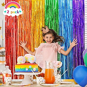 LOLStar Rainbow Foil Fringe Curtains, 2 Pack Rainbow Party Decorations 3.3x6.6ft Tinsel Metallic Streamers Holiday Photo Booth Props Backdrop for Birthday Wedding Engagement Bridal Shower Unicorn