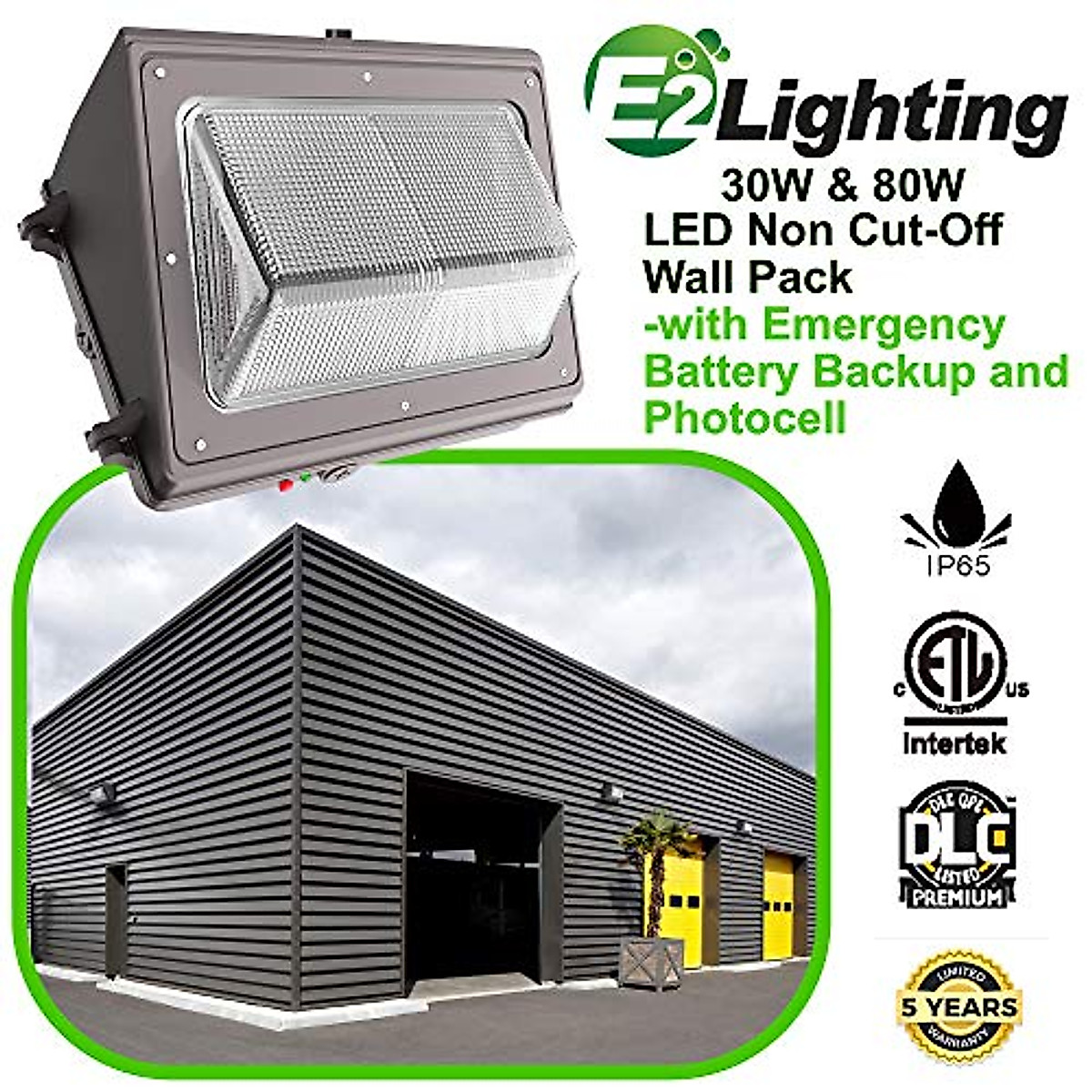 E2 Lighting Non Cut Off LED Wall Pack with Emergency Battery Backup/Photocell, RoHs Compliant UL and DLC Certified LED Wall Packs Commercial, 5 Year Warranty (80W)