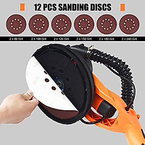 Goplus 750W Drywall Sander, Electric Foldable Sander Machine w/Dust-Free Automatic Vacuum System, 6 Variable Speed 800-1750 RPM, Double-Deck LED Lights, 12 Sanding Disks & Carrying Bag (Foldable)
