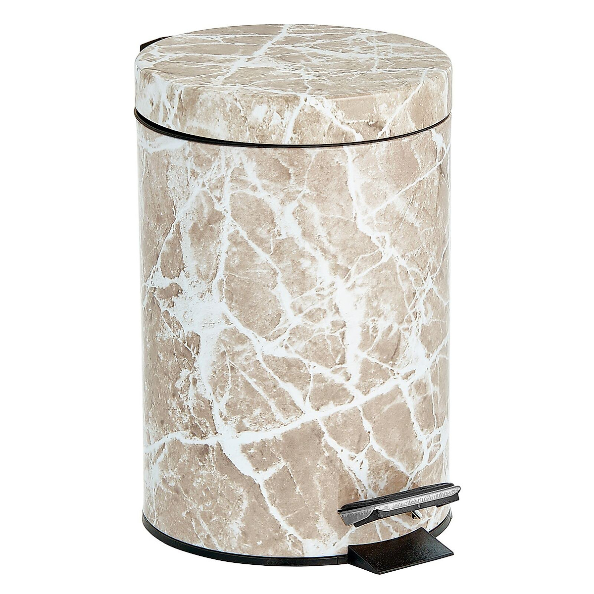 mDesign Small Modern 3-Liter / .7 Gallon Round Metal Lidded Step Trash Can, Compact Garbage Bin with Removable Liner Bucket and Handle for Bathroom, Kitchen, Office, Garage - Taupe Marble Print