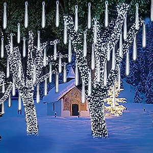 Solar Meteor Shower Christmas Lights Outdoor 10 Tube 360 LED, Falling Rain Lights, Waterproof String Lights for Xmas Tree Garden Yard Porch Wedding Party Décor White