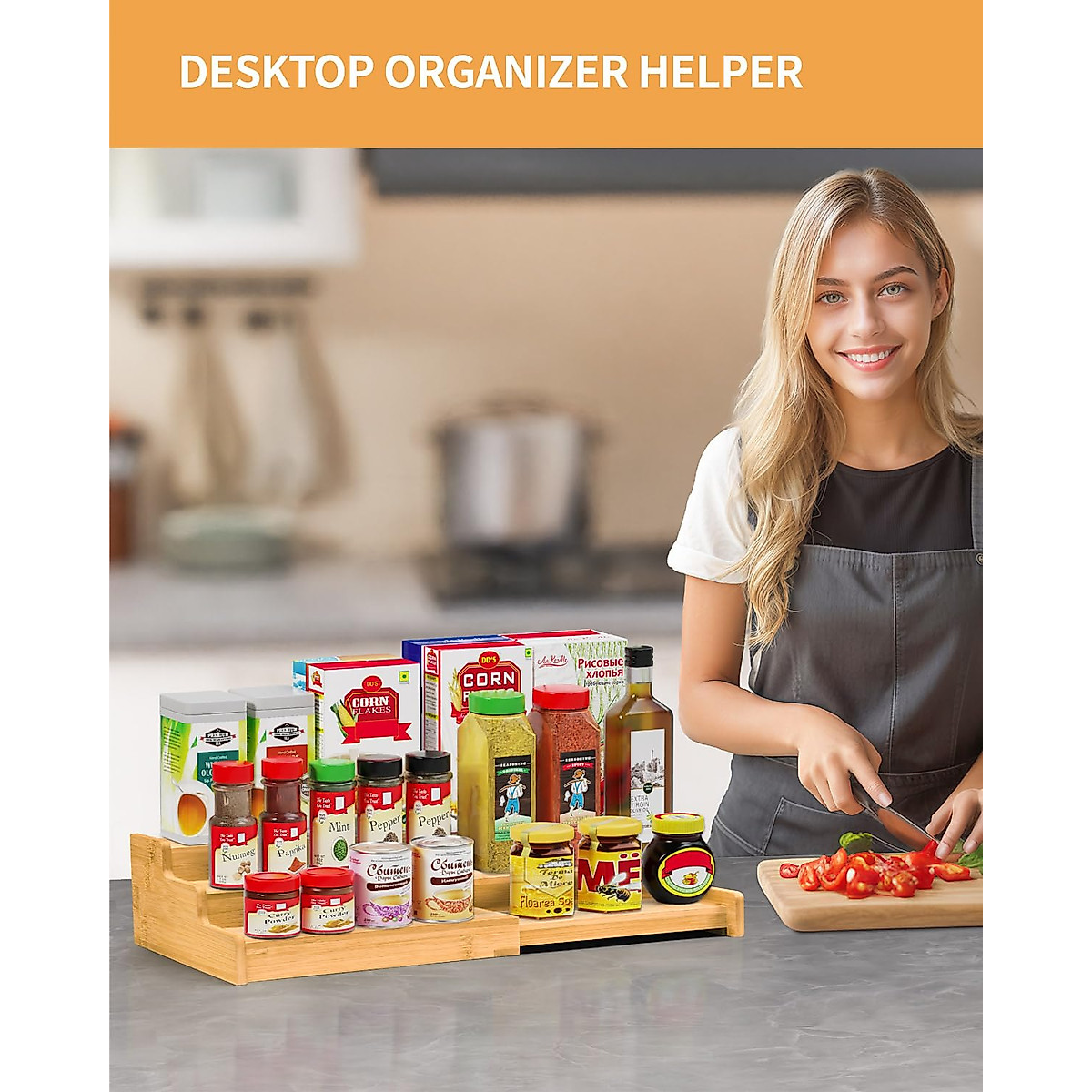 VenDotbi Spice Rack Organizer, 3 Tier Expandable Bamboo Spice Rack Organizer, Great for Kitchen Cabinet, Cupboard, Pantry and More