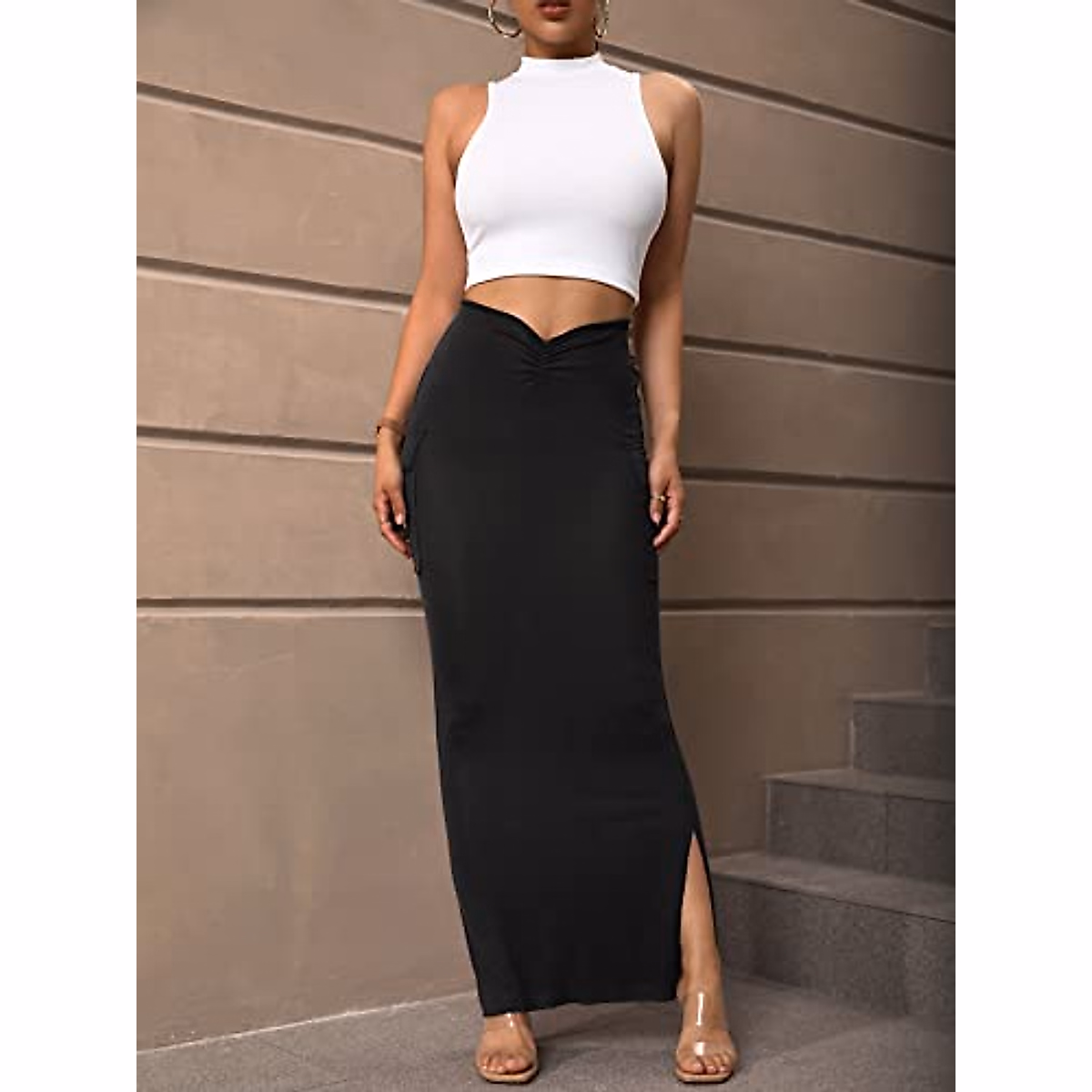 SOLY HUX Women's Y2K Skirt Long Split Solid Maxi Casual Pencil Bodycon Skirts Cargo Skirt with Pockets Solid Dark Black S