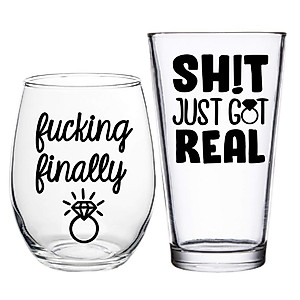 Fucking Finally™ & Shit Just Got Real™ - Engagement, Wedding Gift - Wine & Beer Glass Set for Couple
