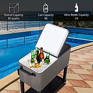 VINGLI 80 Quart Rolling Ice Chest on Wheels, Portable Patio Party Bar Drink Cooler Cart, with Shelf, Beverage Pool with Bottle Opener,Water Pipe (Grey)