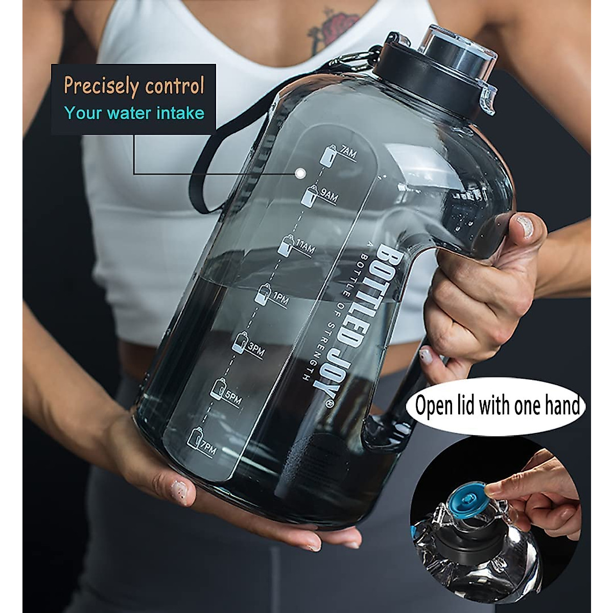 MYSHAKER 1 Gallon Water Jug with Flip-top Lid and Handle Strap, Leak-proof BPA Free Reusable Time Marker Reminder Large Capacity Gallon Water Bottle for Outdoor Sports Fitness Gym Hiking