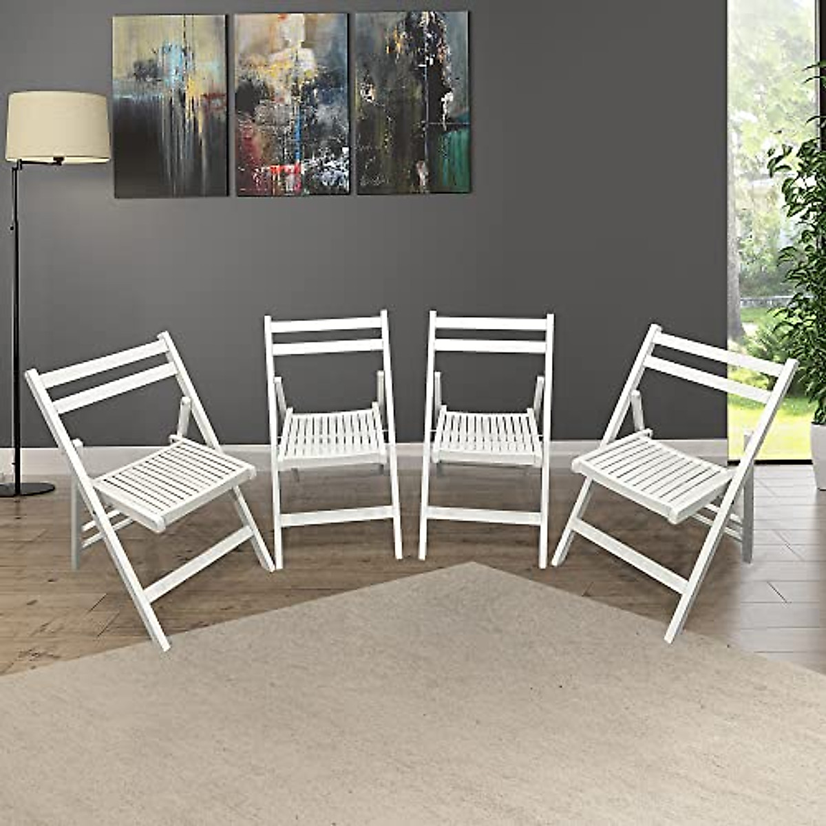 Set of 4 Folding Wood Chairs Slatted Wooden Slatted Seat for Indoor & Outdoor Dining Room Kitchen Balcony Wedding Occasion Events - White Wood