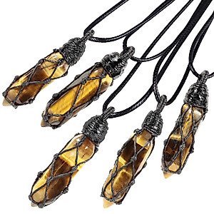 TUMBEELLUWA Hexagonal Tiger’s Eye Crystal Points Pendant Necklace for Unisex Wrapped Stone Wand Pendant with Adjustable Cord