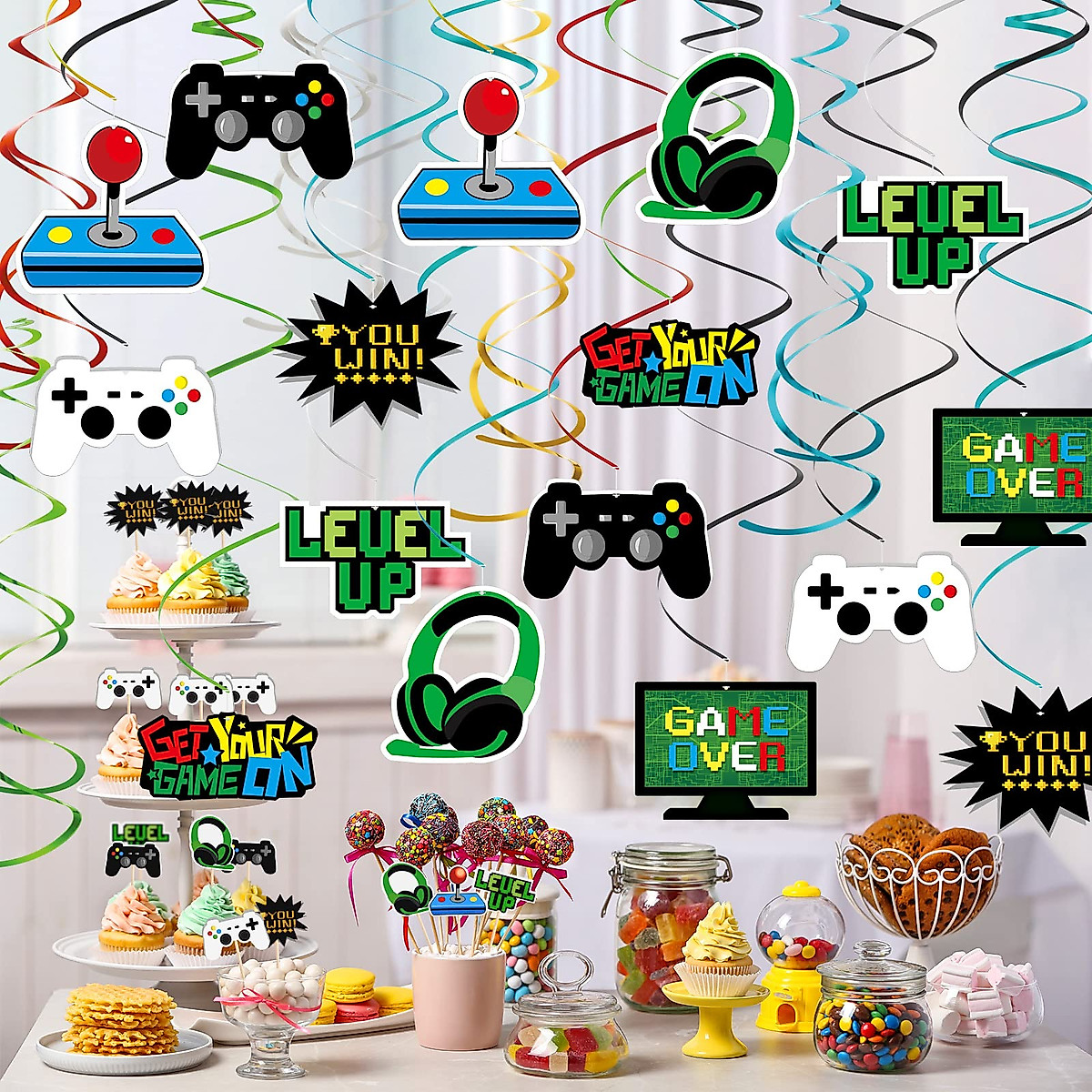 MIAHART 34 Pieces Video Game Party Hanging Swirls Decorations Foil Ceiling Streamers for Video Game Themed Birthday Party Decorations