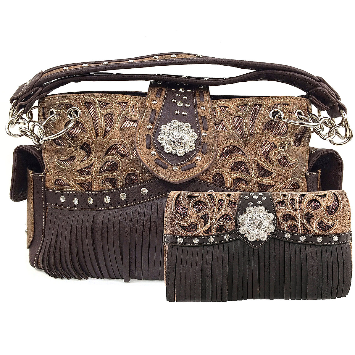 Rhinestone Concho Leather Fringe Gleaming Laser Cut Conceal Carry Handbag Purse (Brown Purse and Wallet)