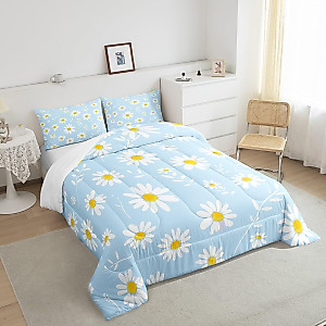 Manfei Daisy Comforter Set Twin Size, White Flower Leaves Bedding Set 2pcs for Kids Boys Girls Bedroom Decor, Botanical Garden Artwork Quilt Set Soft Polyester Duvet Set with 1 Pillowcase