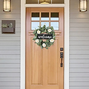 Dremisland Welcome Wreath for Front Door,18 Inch Artificial Rose Eucalyptus Leaves Wreath,Floral Garland Wreath for Window Garden Festival Celebration Wedding Home Decor (Black)