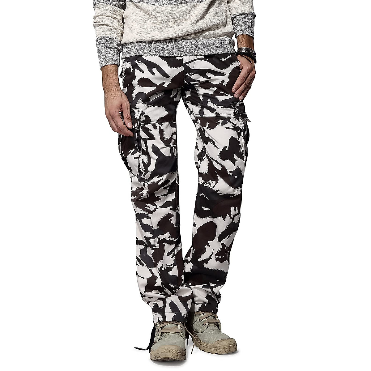 Mesinsefra Men's Cotton Casual Military Army Cargo Camo Combat Work Pants with 8 Pocket Camo White 38