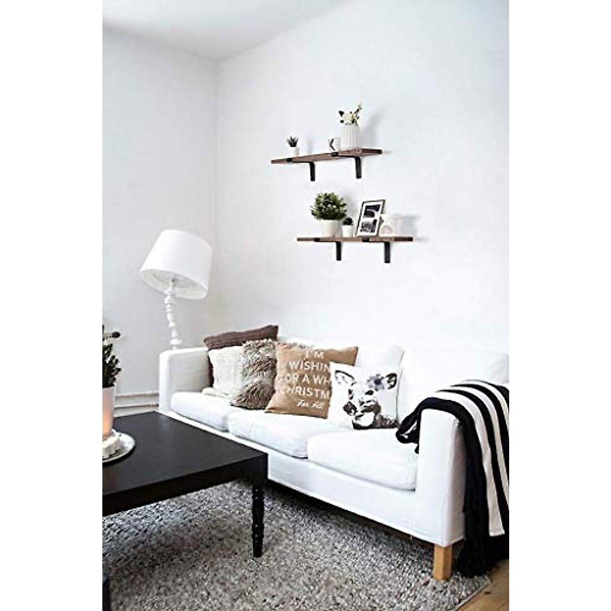 Mkono Floating Shelves Wall Mounted Rustic Wood Wall Shelf Modern Storage Shelving with L Brackets for Home Decor Bathroom Bedroom Living Room Kitchen Office Set of 2, Brown, 17"