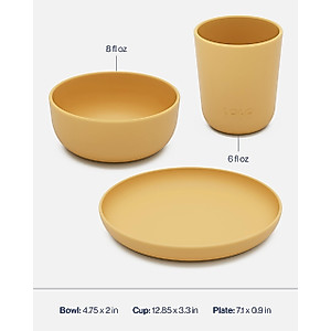 Lalo Big Bites Kids Dinnerware Full Set - Dishwasher Safe, BPA Free, Kids Tableware Set - Includes Stackable Bowl, Plate, Utensils & Cup - 7 Pieces - Honey