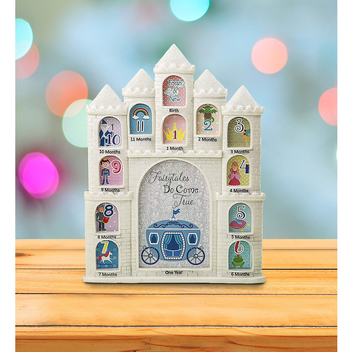 Mozlly White Fairy Tales Do Come True Castle Baby First Year Collage Photo Frame Glitter Finish 12 x 9.5 Inch Nursery Room Decor for Little Prince & Princess 1 Month-1 Year Pictures