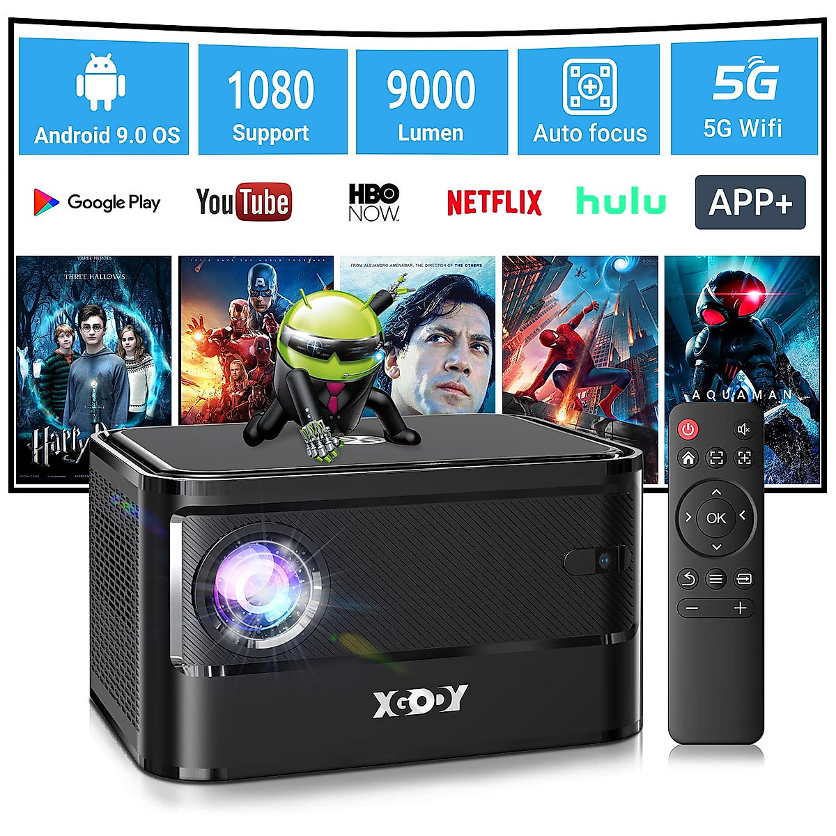 Autofocu Smart Projector with Android TV OS, Xgody A40 9000L Mini Projector with WiFi and Bluetooth, 1080P Support HD Home Theater Projector with Netflix 7000+APPs Bulit-in Hi-Fi Speaker and Remote