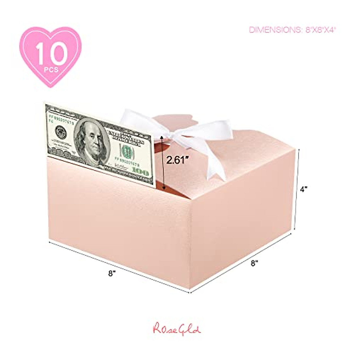 ROSEGLD 10 Gift Boxes 8x8x4 Inches, Gift Boxes with Ribbons, Bridesmaid Gift Boxes with Lids for Light Weight Gifts (Glossy Rose Gold with Grass Texture)