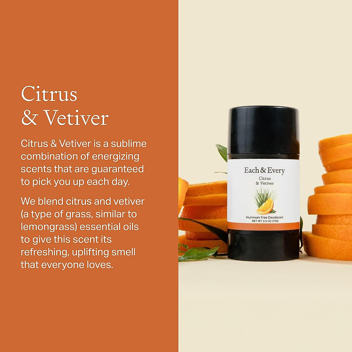 Each & Every All Natural Deodorant for Women & Men - Sensitive Skin, Plant-Based, Baking Soda & Aluminum-Free Deodorant - Clean Long Lasting 24 Hr Odor Control - Citrus & Vetiver Travel Size, 2.5oz