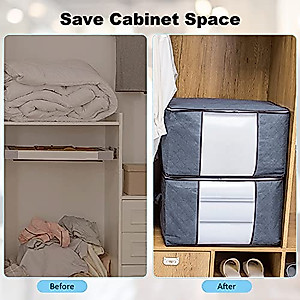 Storage Bags Storage Bins Large Thick for Comforters Blankets Clothes 6 pack 90L Closet Organizers with Durable Handles Clear Window Foldable Storage Bins (6)