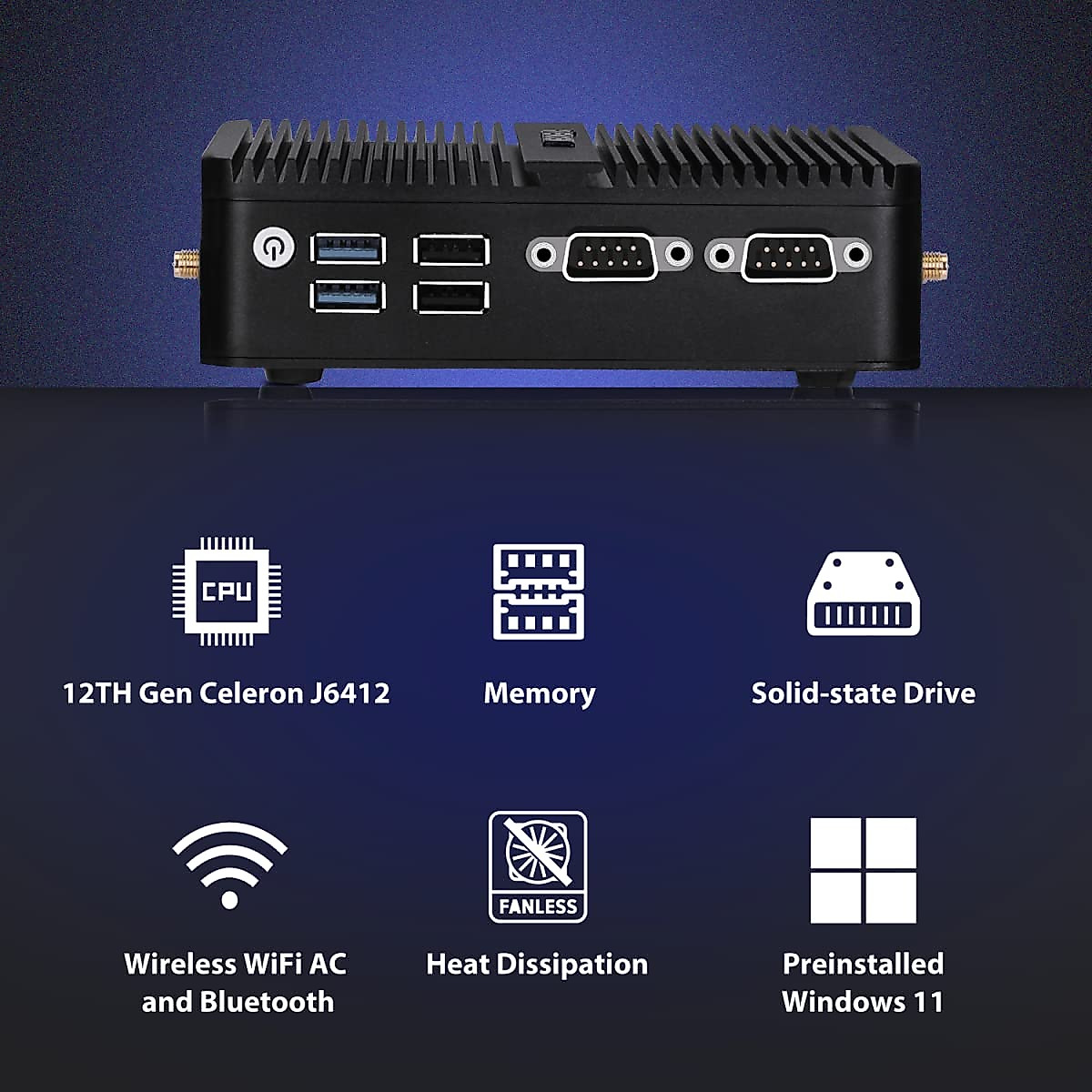 VENOEN Fanless Mini PC Windows 11, 12th Gen Celeron J6412, 8GB DDR4 RAM, 256GB SSD, 2.5inch SATA, Dual HD-MI, DP, 3-Display, 2* DB9 COM, 2* RJ45 LAN, Mini PCI E WiFi, BT, Small Computer, Low Power