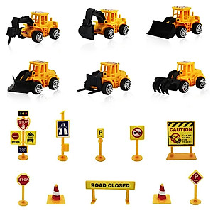 Newmemo 16pcs Construction Cake Topper Vehicles Cake Decoration Set Truck Excavator Tower Crane Cupcake Topper Traffic and Road Sign Decor Happy Birthday Party Supplies Favors for Kids Boys