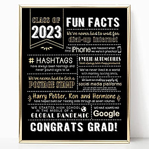 Katie Doodle - 2023 Graduation Decorations - Class of 2023 Decorations - Great Party Centerpiece, Card or Class of 2023 Gifts for Her or Him - 2023 Fun Facts Sign [Unframed], 8x10 inch, Black and Gold